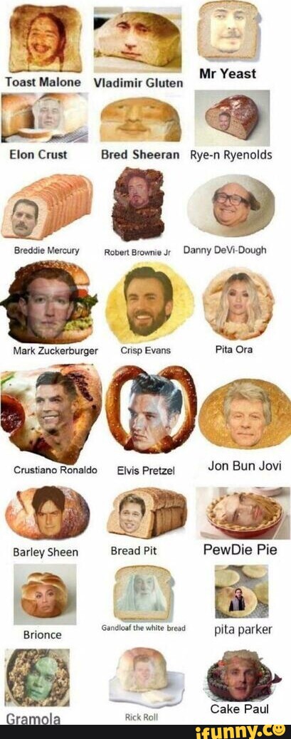 Mr Yeast Toast Malone Vladimir Gluten Elon Crust. Bred Sheeran_ Rye-n Ryenolds Breddie Mercury ...