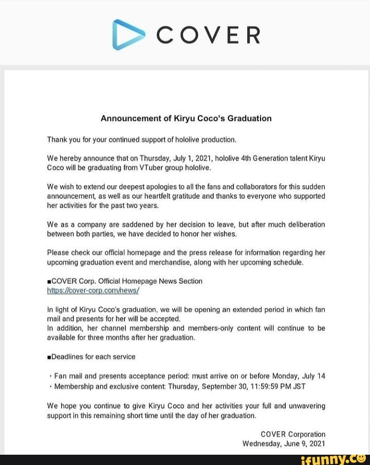 COVER Announcement of Kiryu Coco's Graduation 'Thank you for your ...