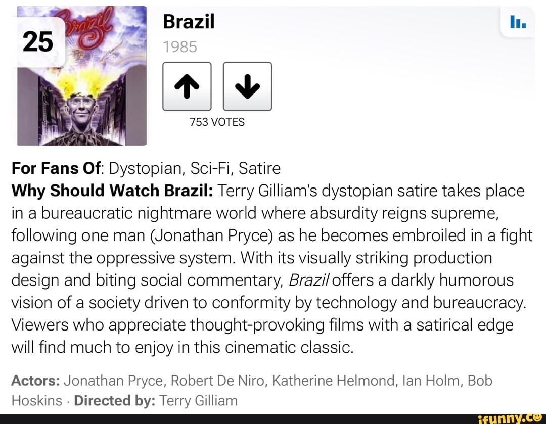 Brazil 1985 ty 753 VOTES For Fans Of: Dystopian, Sci-Fi, Satire Why ...