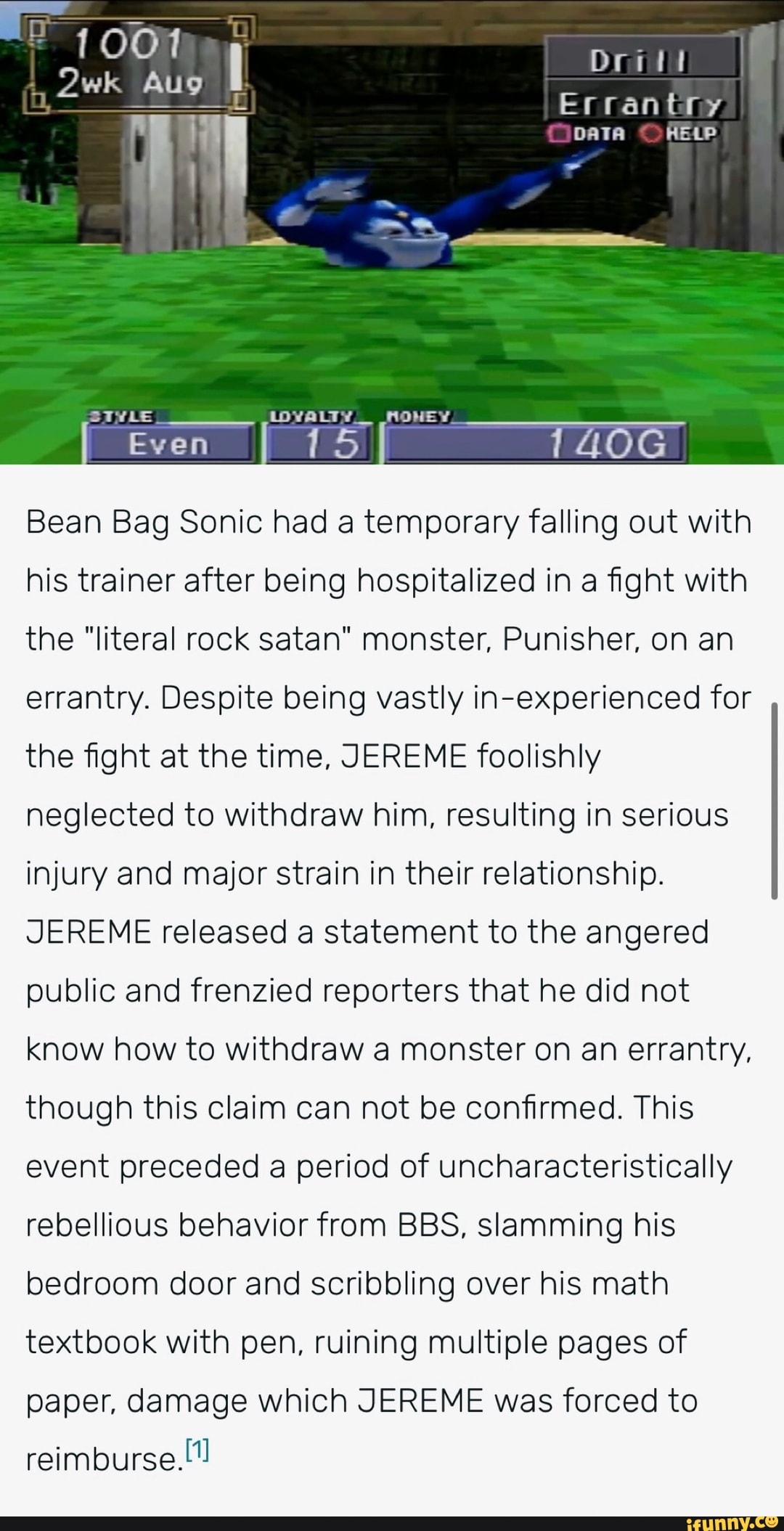 Bean Bag Sonic had a temporary falling out with his trainer after being ...
