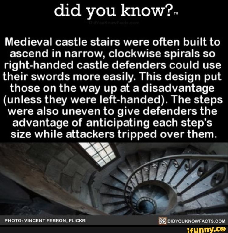 Did you know?. Medieval castle stairs were often built to ascend in ...