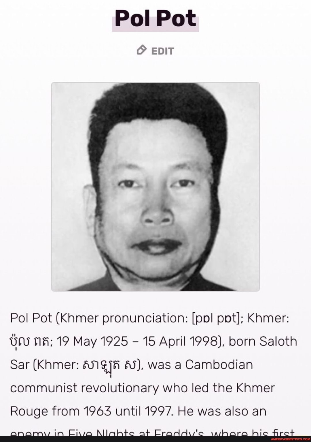 Pol Pot EDIT Pol Pot (Khmer pronunciation: [pol pot]; Khmer: 19 May ...