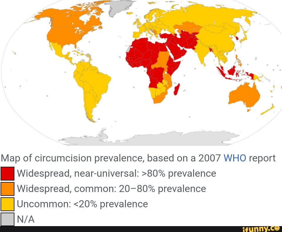Map of circumcision prevalence, based on a 2007 WHO report I Widespread ...