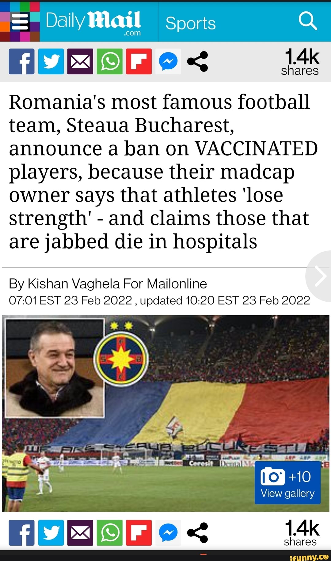 Daily Mail Sports Lie Romania's most famous football team, Steaua ...