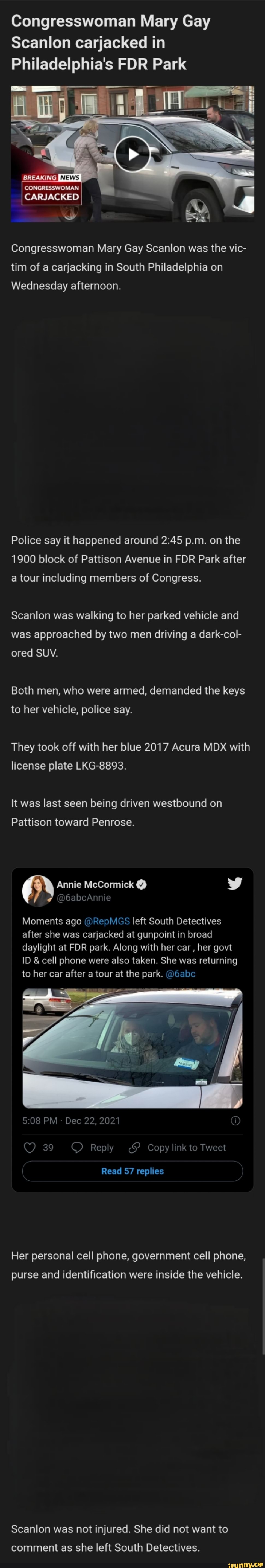 Congresswoman Mary Gay Scanlon carjacked in Philadelphia's FDR Park ...