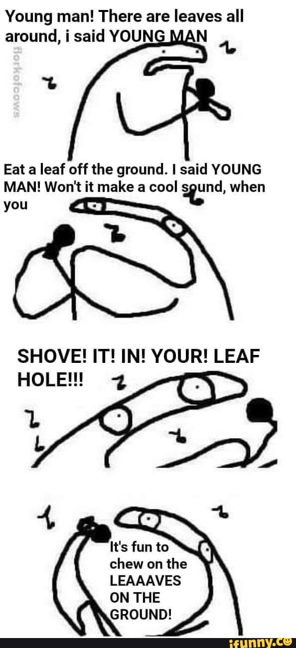 Young man! There are leaves all around, i said YOUN N Eat a leaf off ...