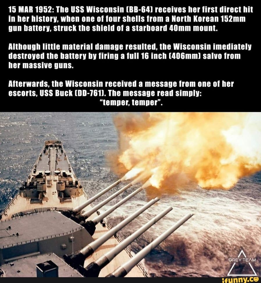 15 MAR 1952: The USS Wisconsin (BB-64) receives her first direct hit in ...