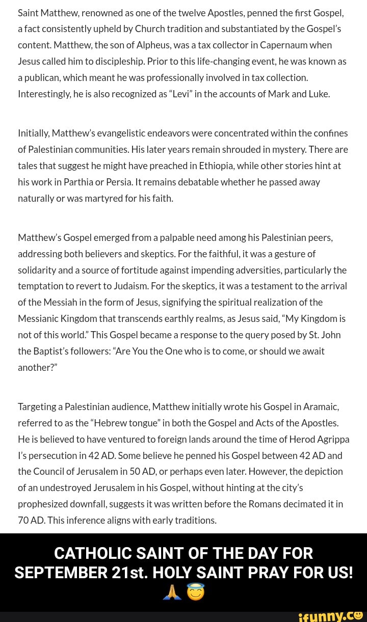 Saint Matthew, renowned as one of the twelve Apostles, penned the first ...