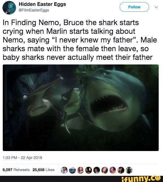 In Finding Nemo, Bruce the shark starts crying when Marlin starts ...