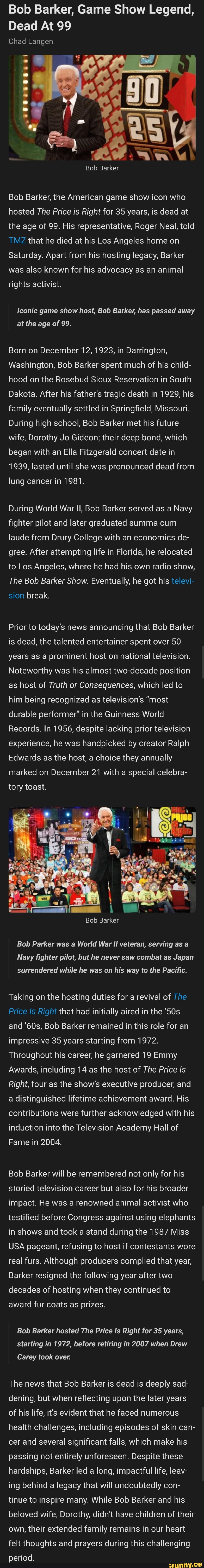 Bob Barker, Game Show Legend, Dead At 99 Chad Langen Bob Barker Bob ...