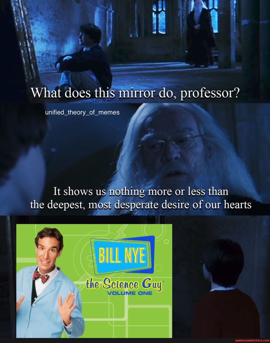 What does this mirror do, professor? unified theery of memes It shows ...