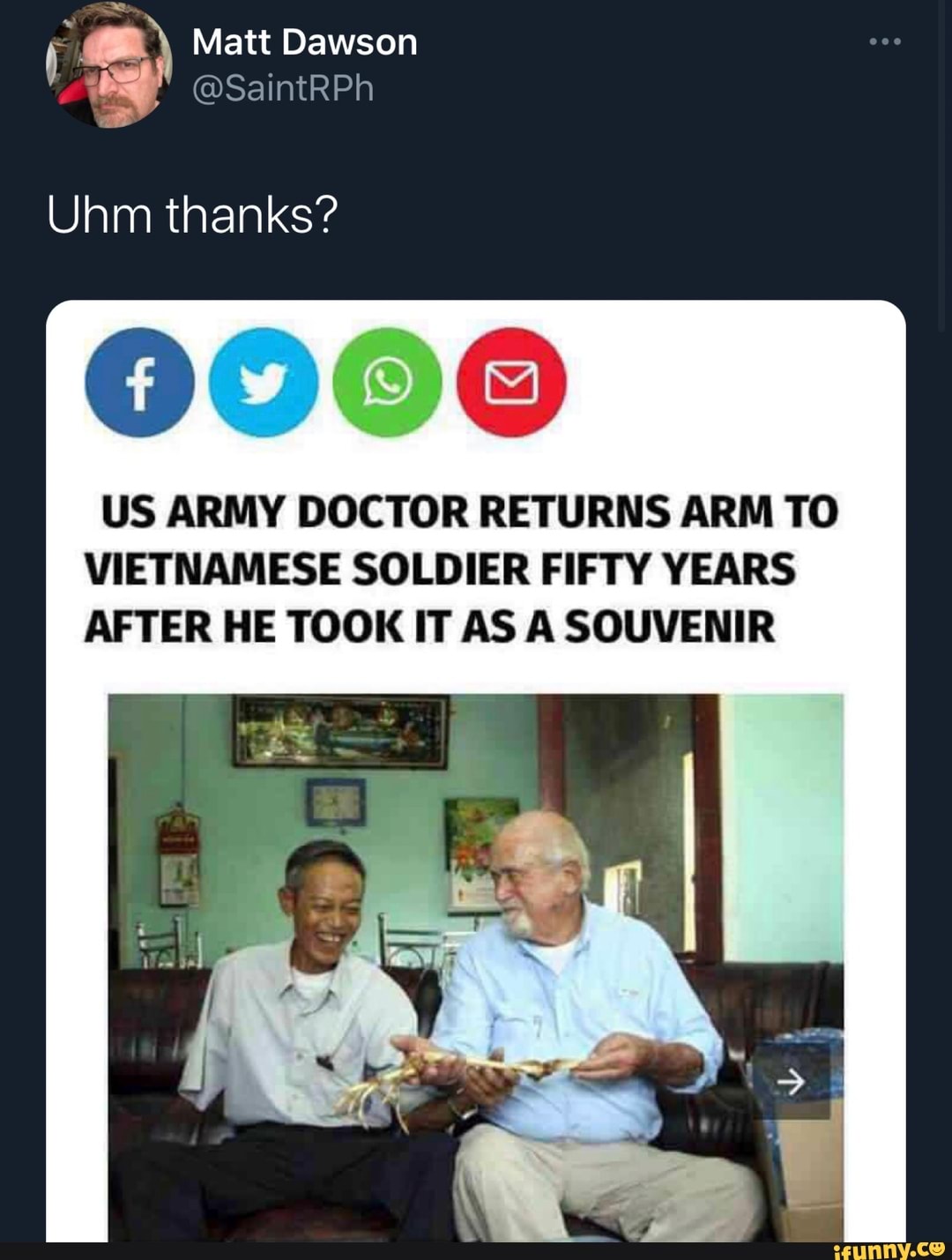 Matt Dawson " @SaintRPh Uhm thanks? US ARMY DOCTOR RETURNS ARM TO ...