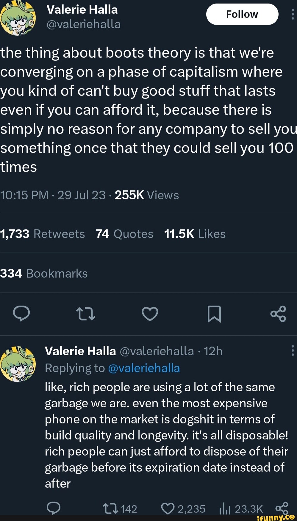 Valerie Halla @valeriehalla Follow the thing about boots theory is that ...