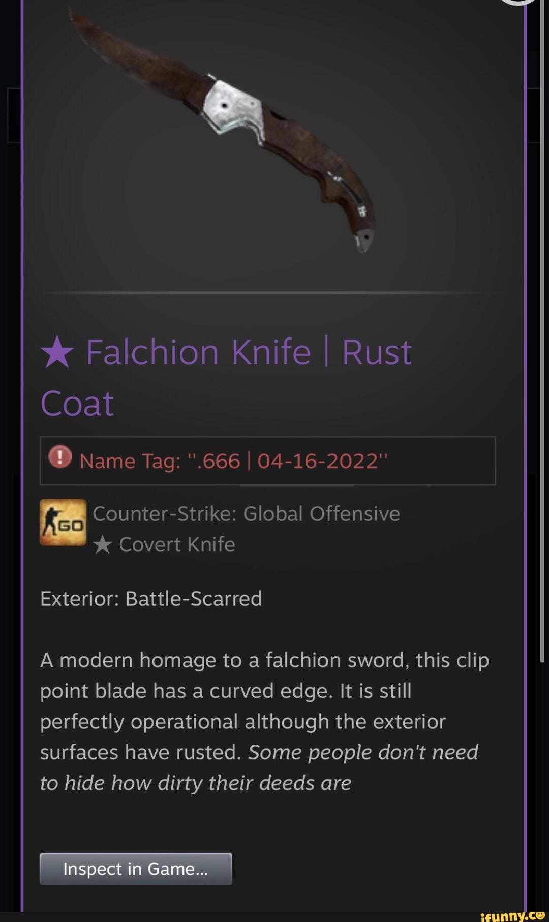 Falchion Knife I Rust Coat Name Tag: ".666 04-16-2022" Counter-Strike ...