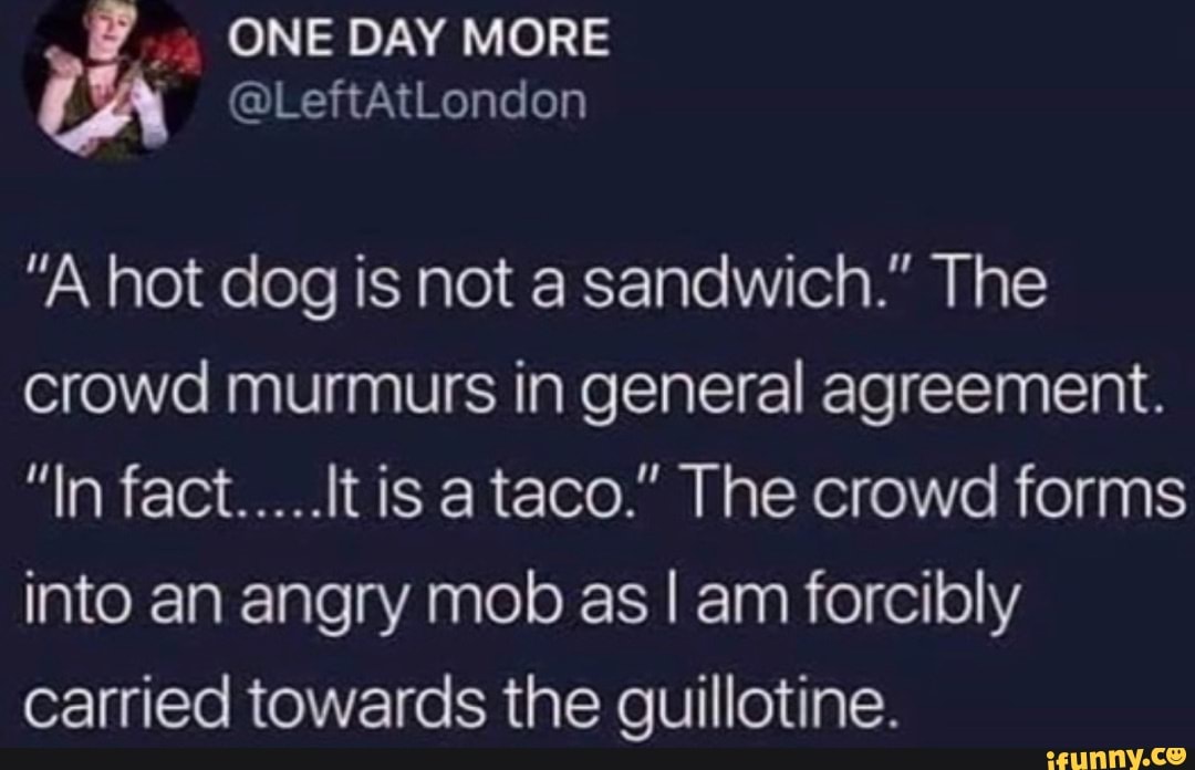 ONE DAY MORE "A hot dog is not a sandwich." The crowd murmurs in ...