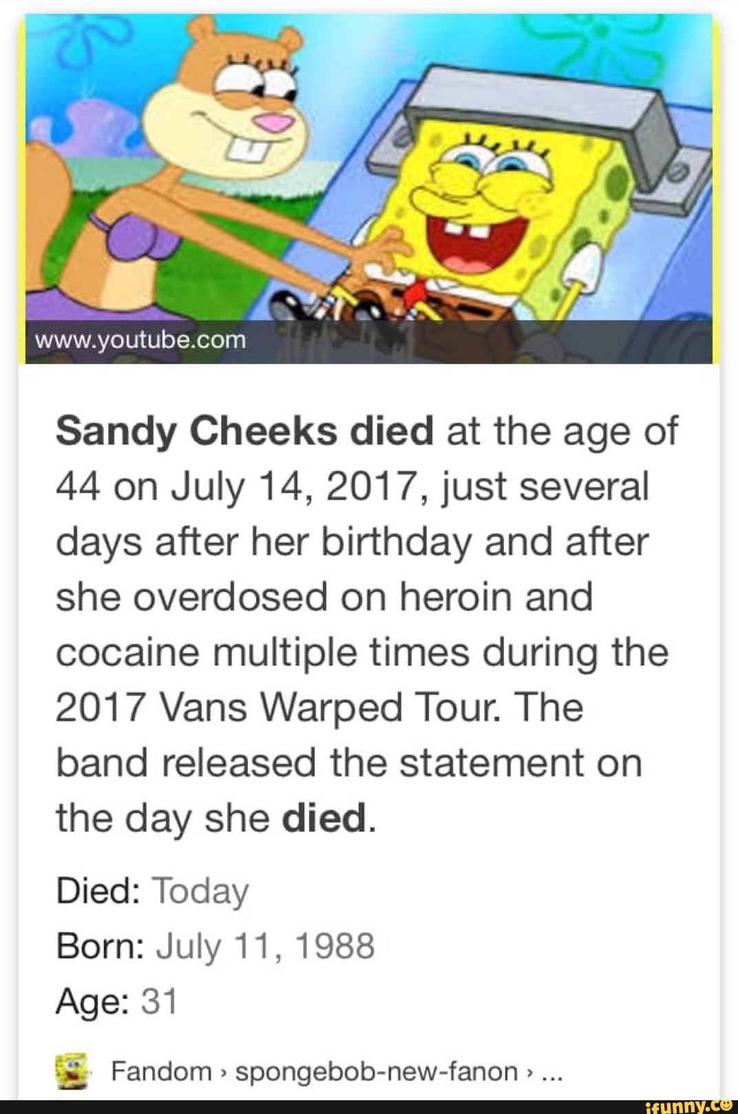 Sandy Cheeks died at the age of 44 on July 14, 2017, just several days ...
