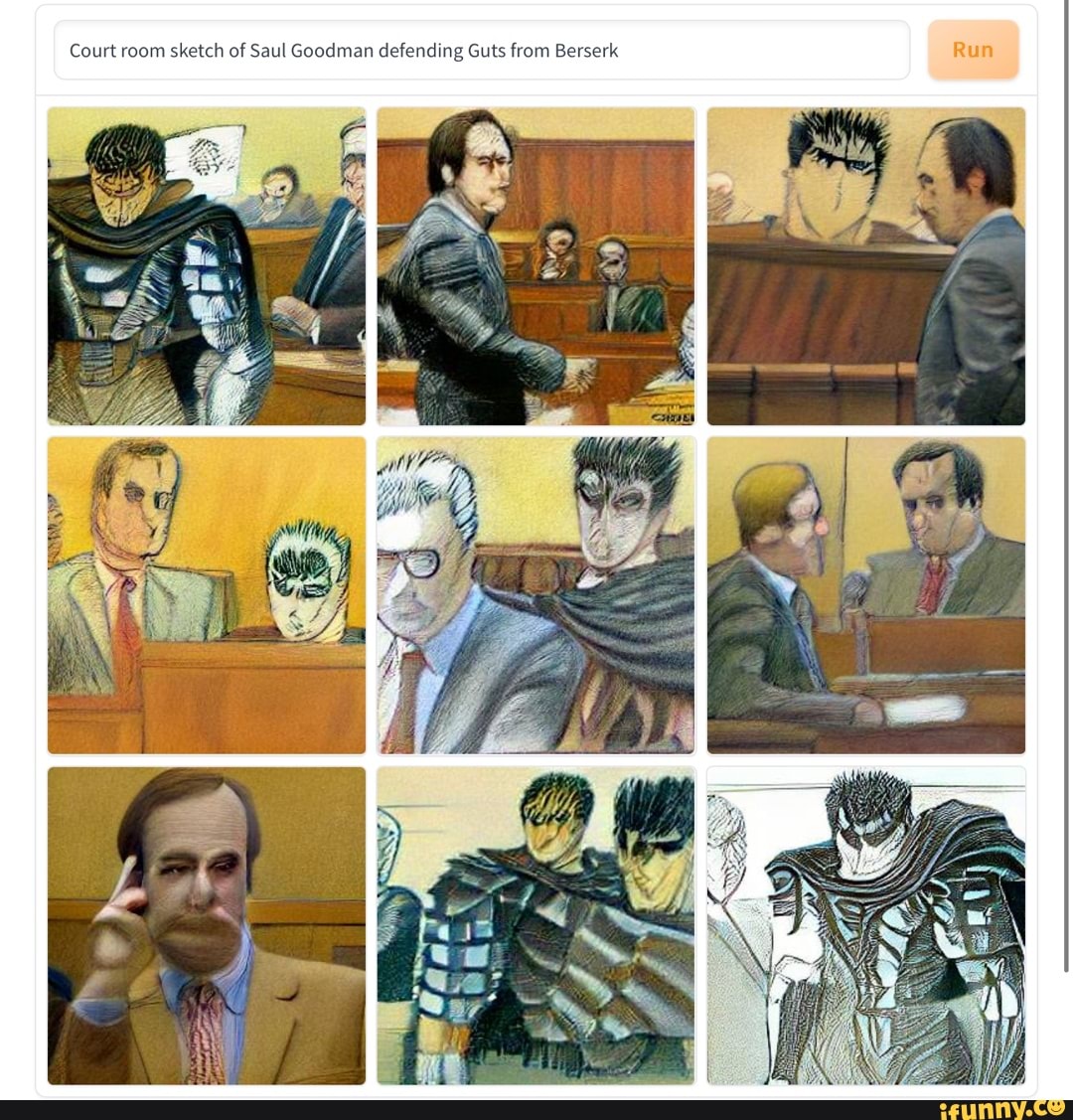 Court room sketch of Saul Goodman defending Guts from Berserk - iFunny