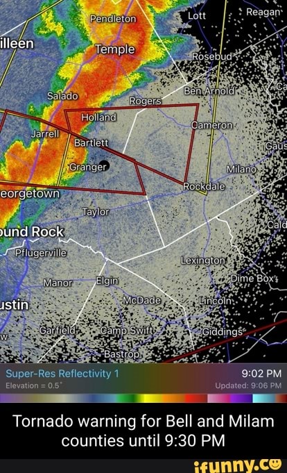 Illeen ROCk Super-Res Reflectivity Elevation = Tornado warning for Bell ...