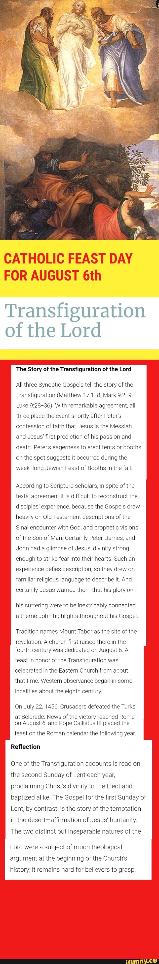 CATHOLIC FEAST DAY FOR AUGUST Transfiguration of the Lord The Story of ...