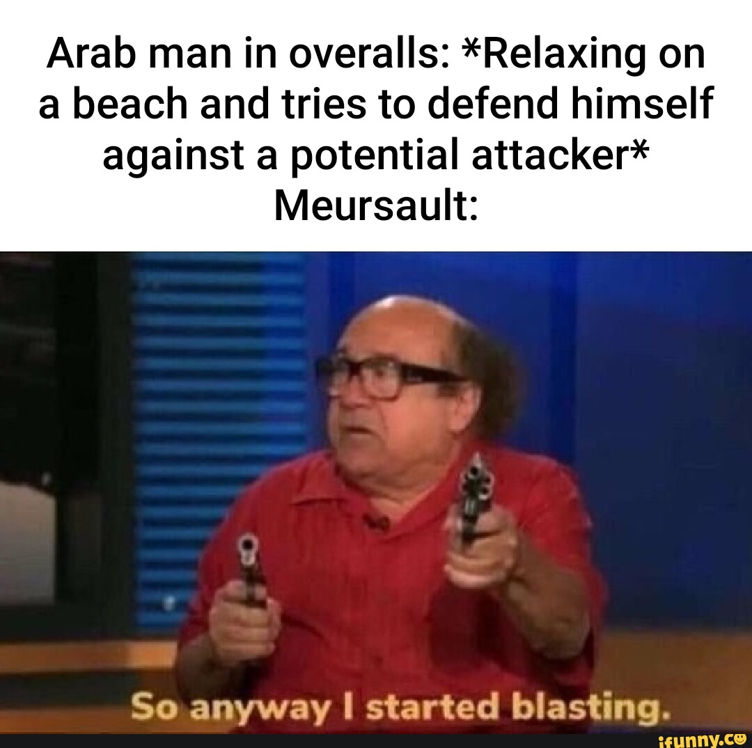 Arab man in overalls: *Relaxing on a beach and tries to defend himself ...