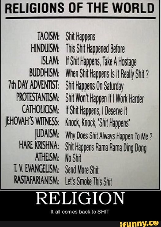 RELIGIONS OF THE WORLD TAOISM: Shit Happens HINDUISM: This Shit ...