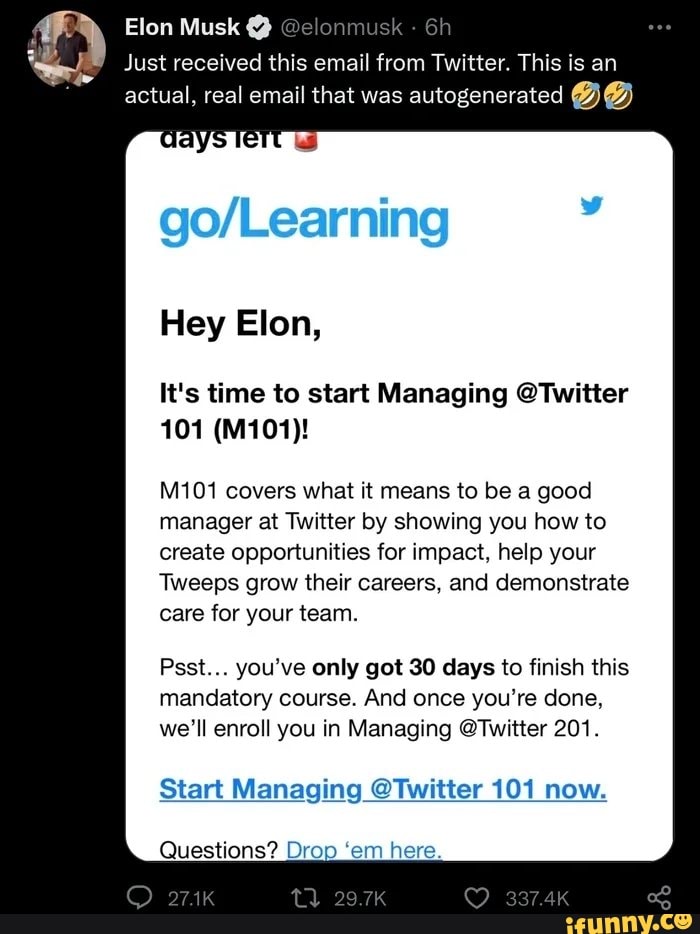 Elon Musk @ @elon Just received this email from Twitter. This is an ...