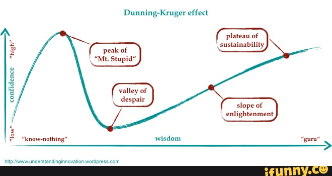 Dunning-Kruger effect plateau of sustainability, peak of "Mt. Stupid ...
