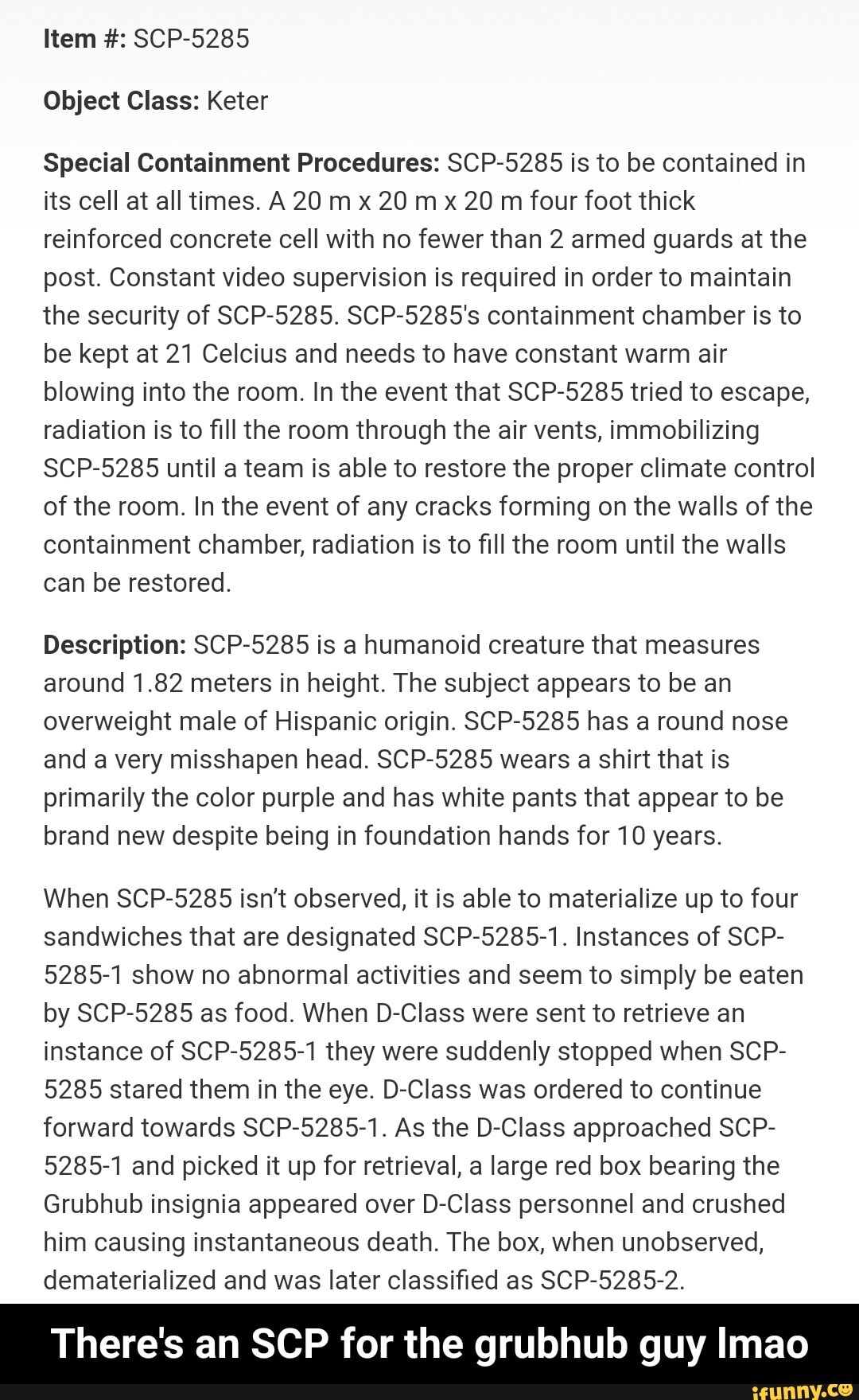 Item SCP-5285 Object Class: Keter Special Containment Procedures: SCP ...