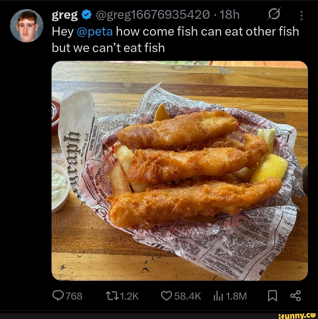 Hey @peta how come fish can eat other fish but we can't eat fish greg ...