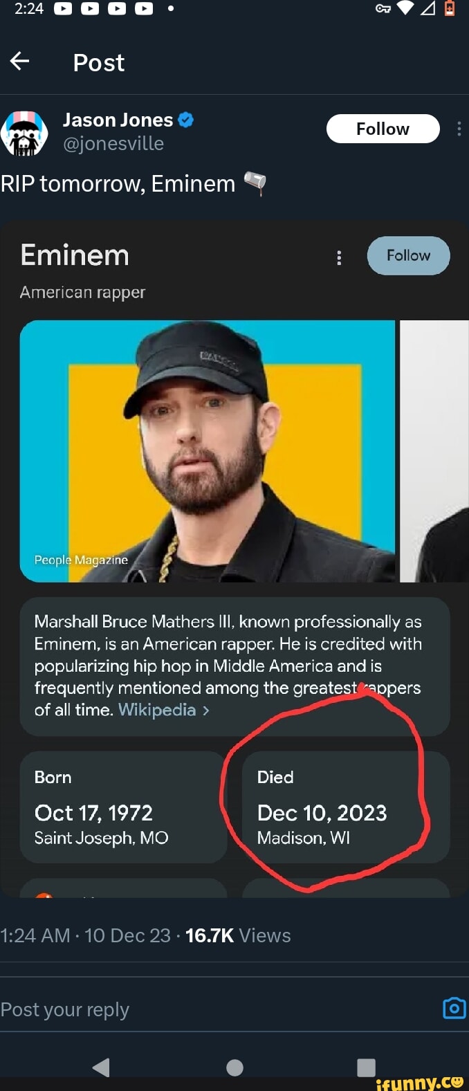 224 aaVAu Post Jason Jones @ @jonesville RIP tomorrow, Eminem Eminem ...