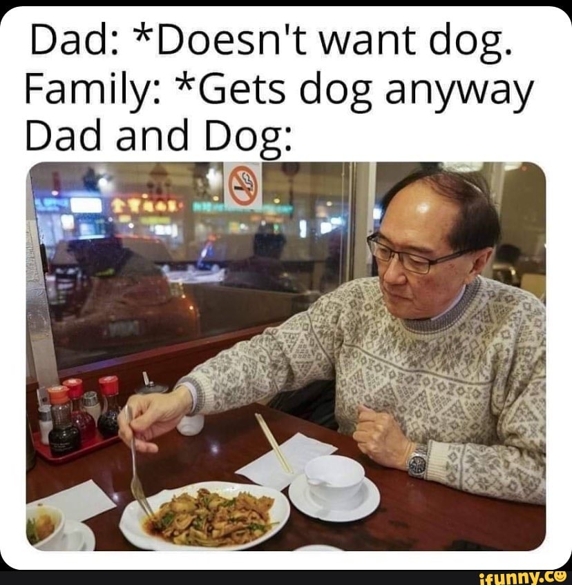 Dad: *Doesn't want dog. Family: *Gets dog anyway Dad and Dog: - iFunny