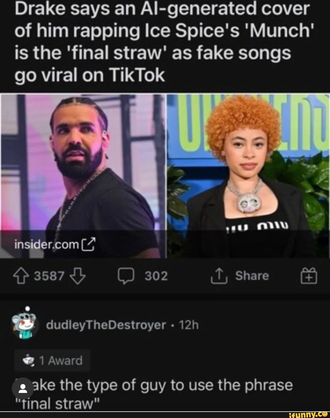 Drake says an Al-generated cover of him rapping Ice Spice's 'Munch' is ...