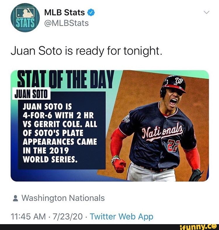 Juan Soto is ready for tonight. STAT OF THE DAY JUAN SOTO JUAN SOTO IS ...