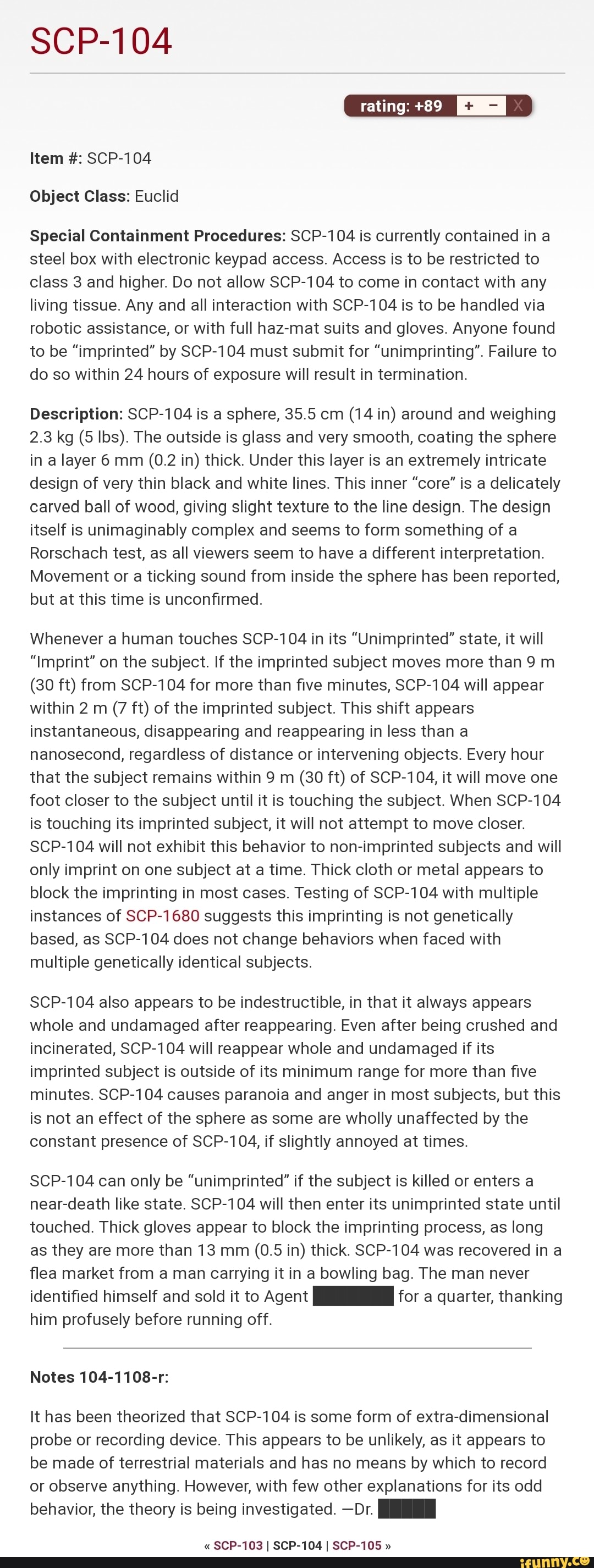 SCP-104 Item SCP-104 Object Class: Euclid rating: +89 Special ...