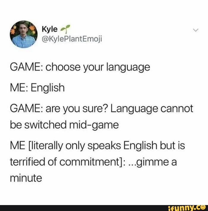Kyle GAME: choose your language ME: English GAME: are you sure ...