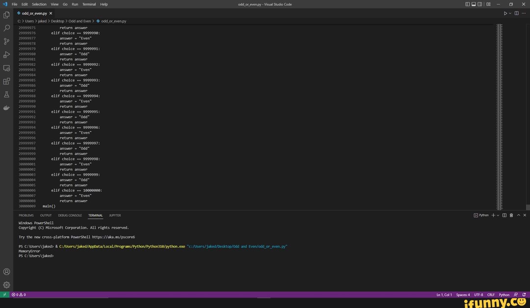 File Edit Selection View Go Run Terminal Help 'odd_or_even.py - Visual ...