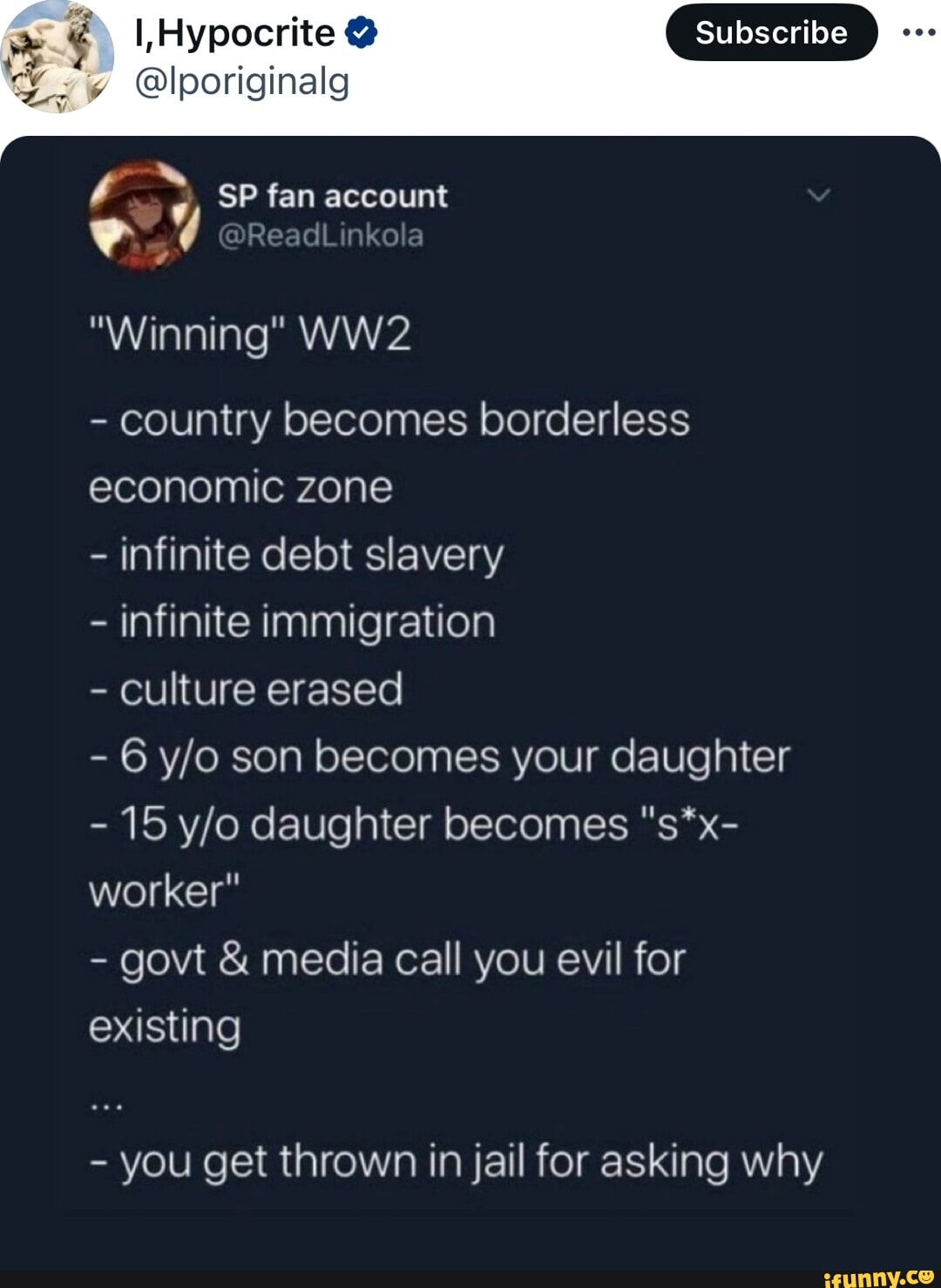 I, Hypocrite @ @lporiginalg SS SP fan account @ReadLinko WW "Winning ...