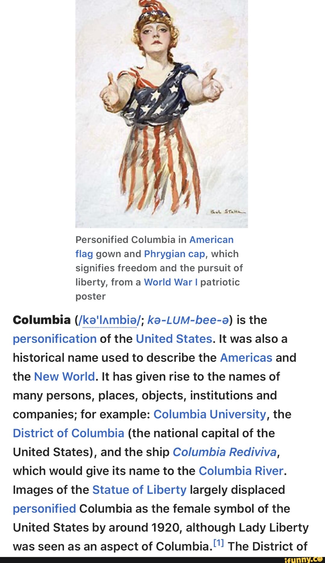 Personified Columbia in American flag gown and Phrygian cap, which ...