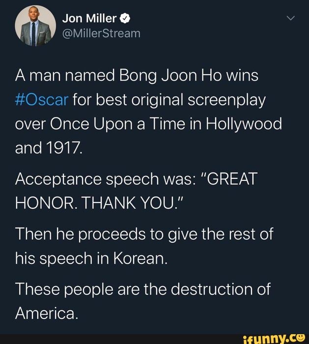 Jon Miller @ I @WillerStream Aman named Bong Joon Ho wins #Oscar for ...