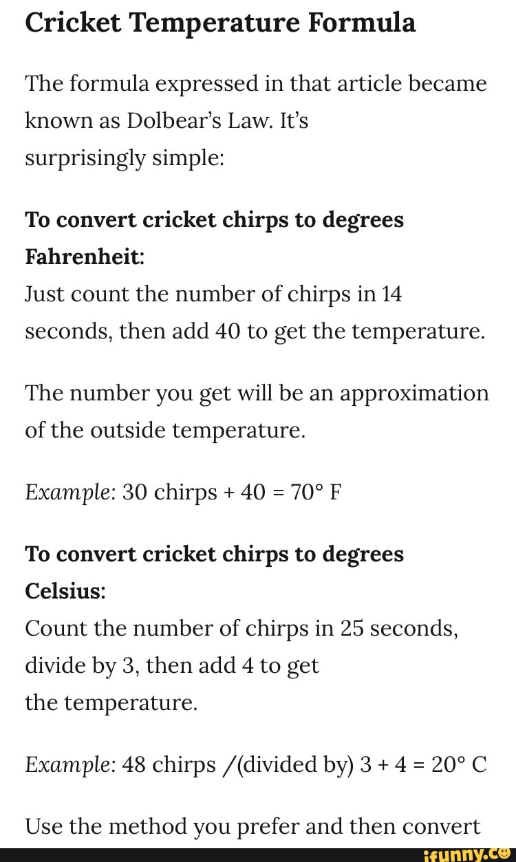 Cricket Temperature Formula The formula expressed in that article ...