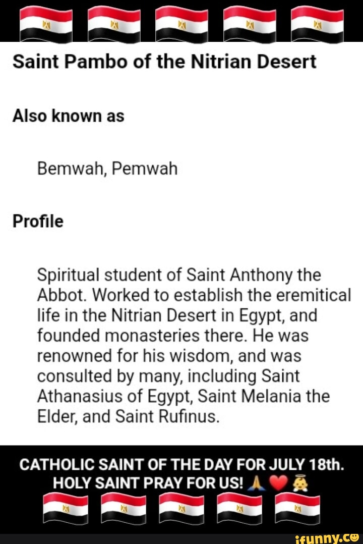 Saint Pambo of the Nitrian Desert Also known as Bemwah, Pemwah Profile ...