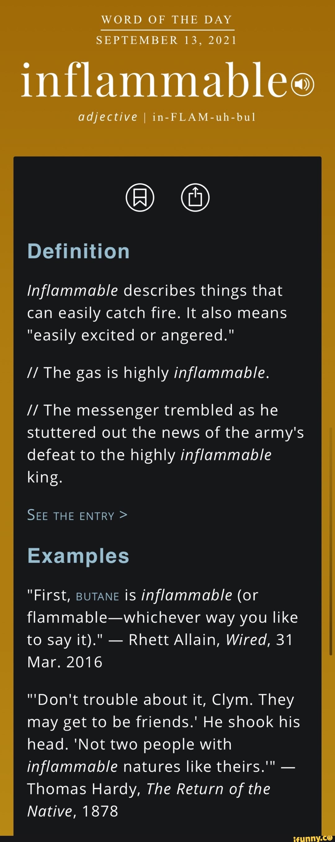 WORD OF THE DAY SEPTEMBER 13. 2021 inflammablee adjective I in-FLAM-uh ...