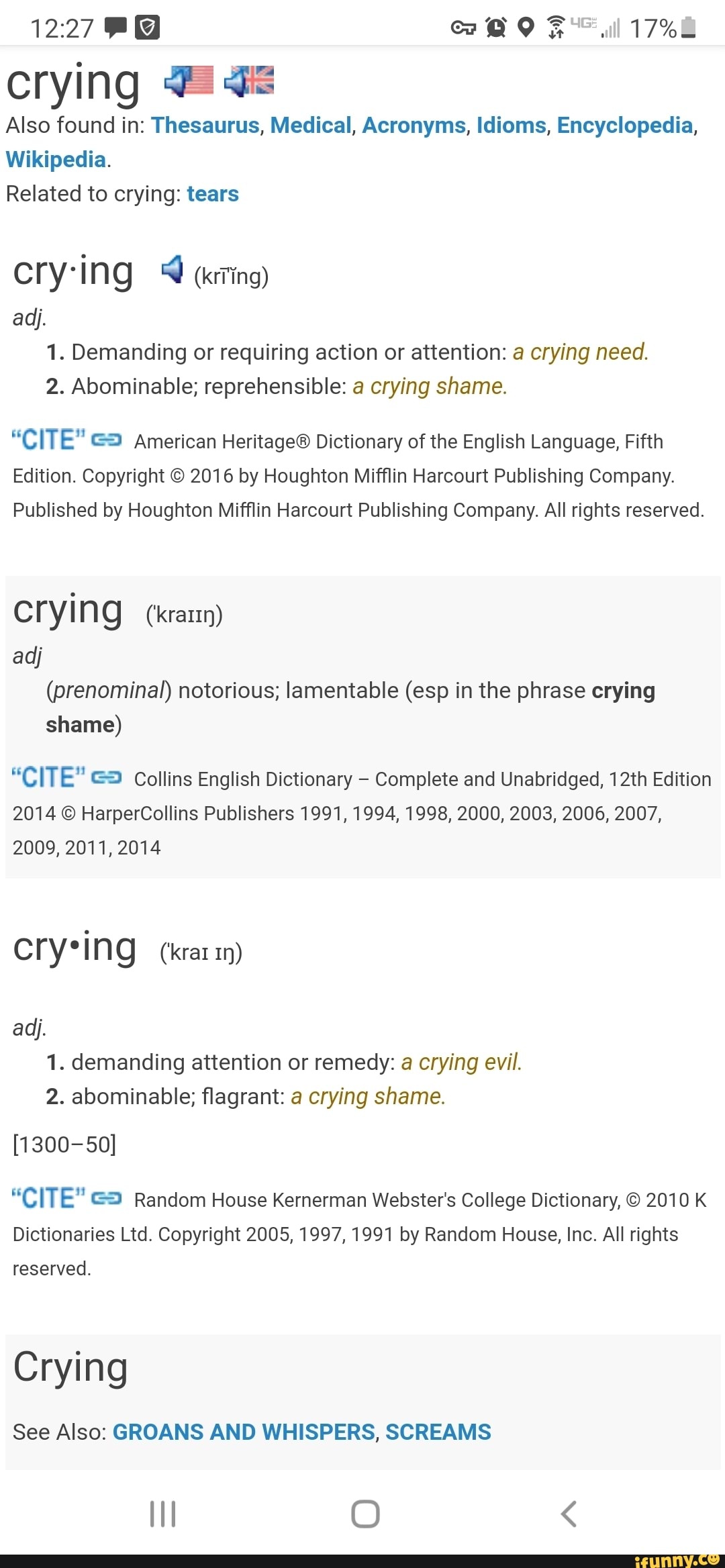 Il crying Also found in: Thesaurus, Medical, Acronyms, Idioms ...