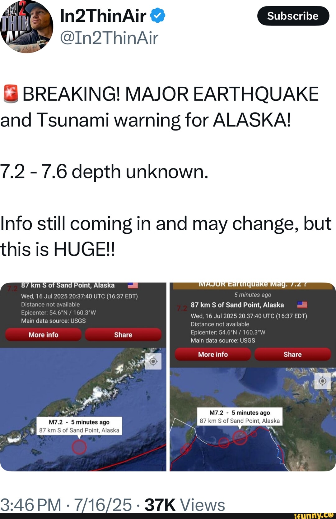 In2ThinAir BREAKING] MAJOR EARTHQUAKE and Tsunami warning for ALASKA (.2- 7.6 depth unknown ...