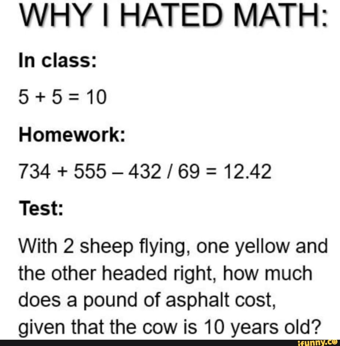 WHY I HATED MATH: In class: 5 + 5 = 10 Homework: 734 + 555 - 432/69 ...