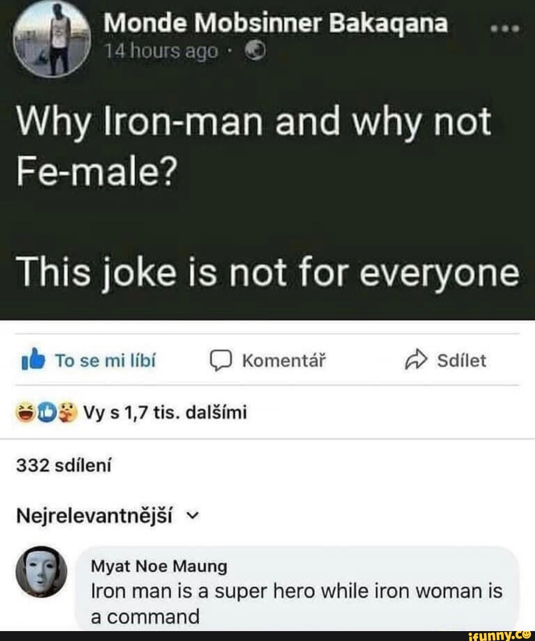 14 hou ago Why Iron-man and why not Fe-male? This joke is not for ...