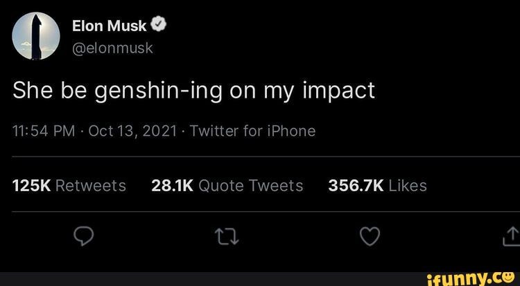 Elon Musk @ @elonmusk She be genshin-ing on my impact PM Oct 13, 2021 ...