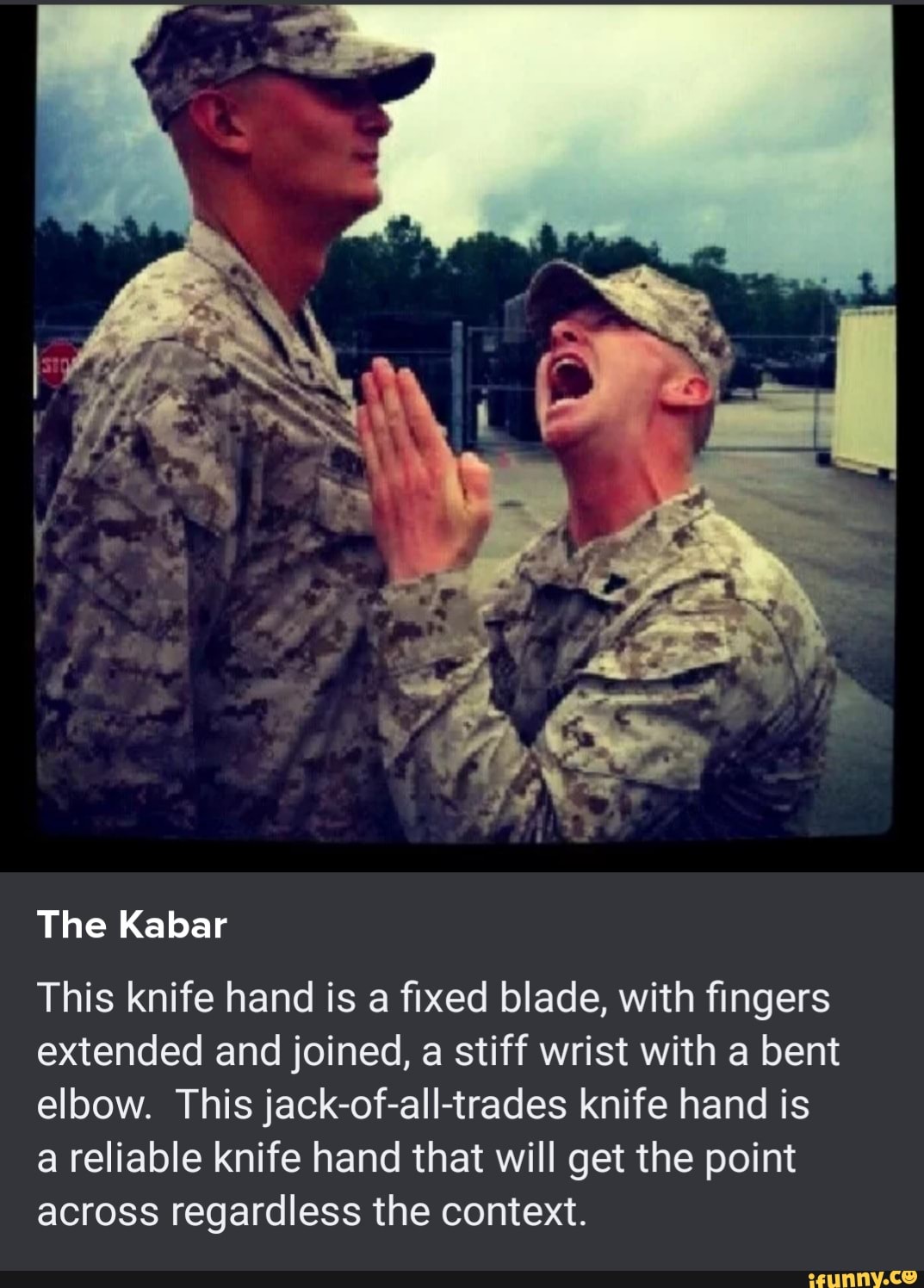 The Kabar This knife hand is a fixed blade, with fingers extended and ...