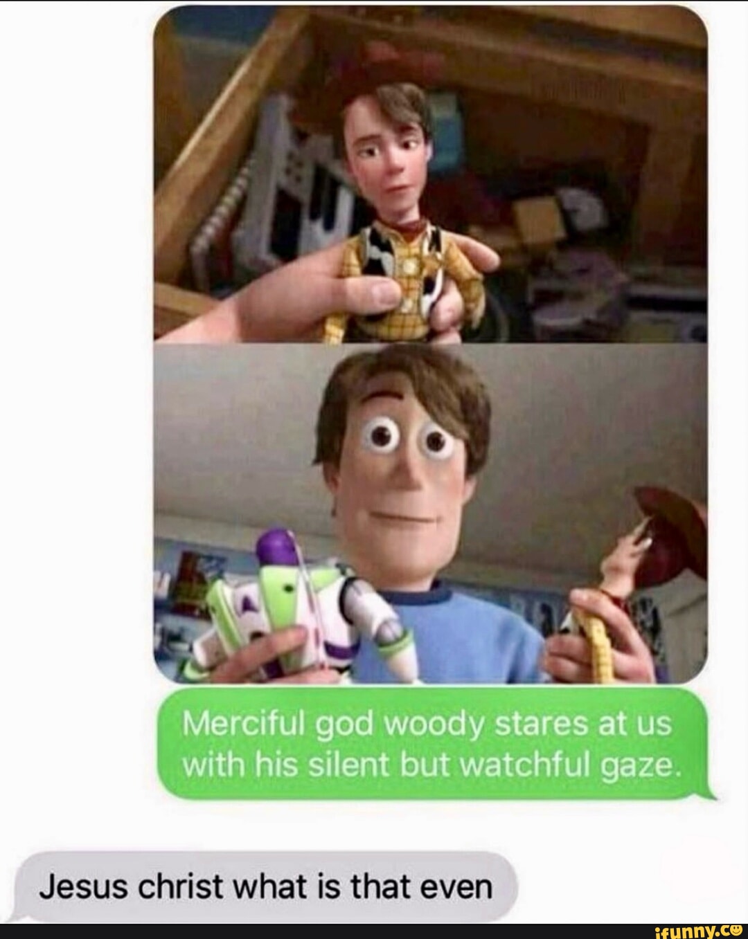 Merciful god woody stares at us with his silent but watchful gaze ...