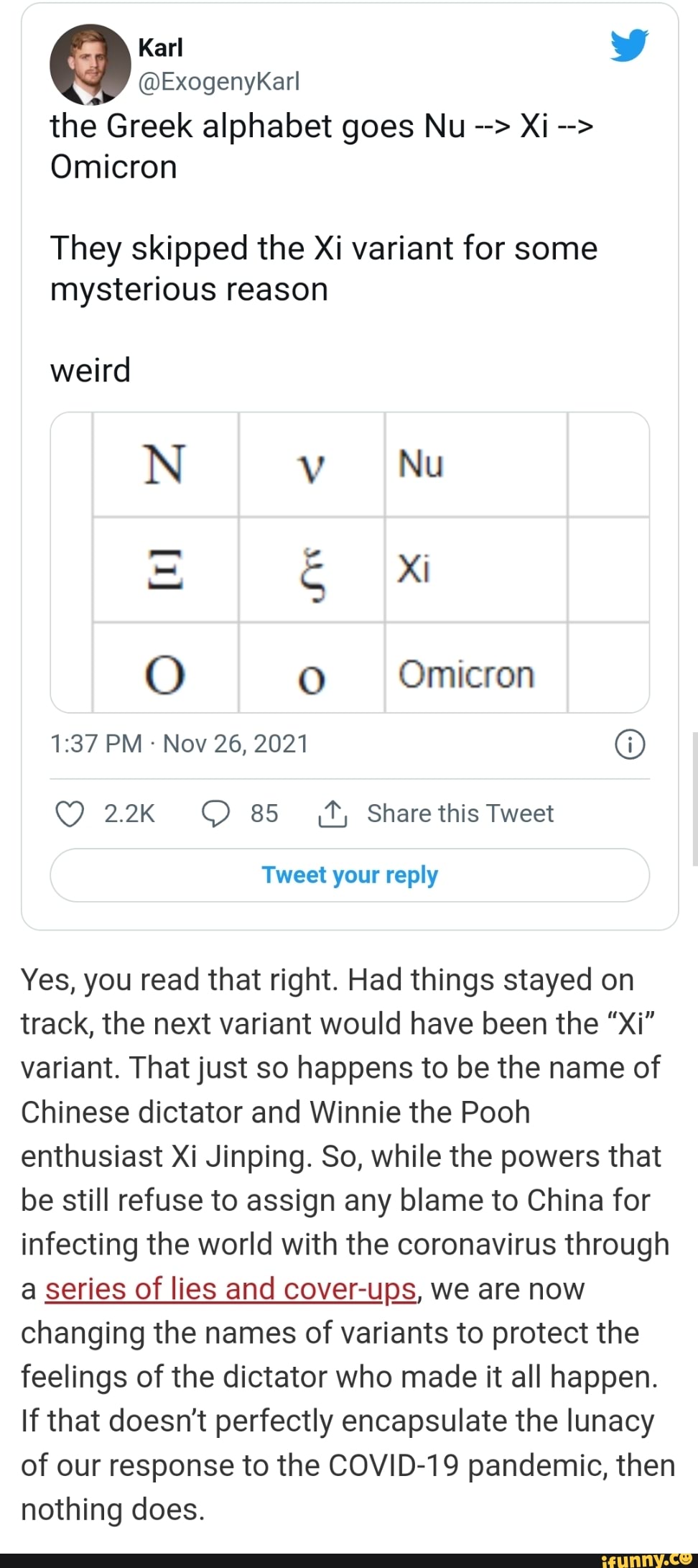 Karl @ExogenyKarl the Greek alphabet goes Nu Xi Omicron They skipped ...